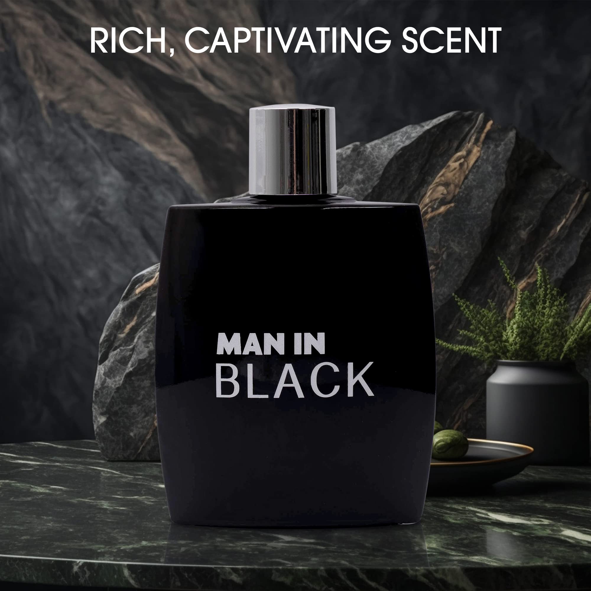 NovoGlow Man in Black for Men - Luxurious Aroma in Each 3.4 fl Oz Black Glass Bottle - Top Notes of Bergamot and Pineapple Formulated with Essential Oils - Fantastic Gift Choice - Grey Suede Pouch