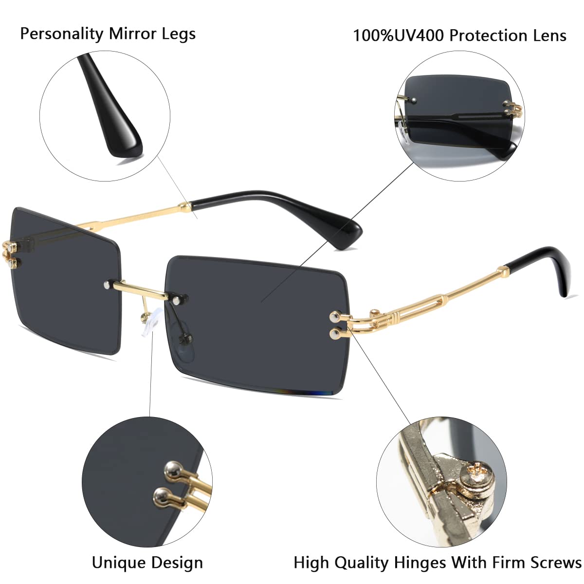aisswzber Fashion Rimless Rectangle Sunglasses for Women Men Square Glasses Ultralight UV400 Eyewear Unisex 9031