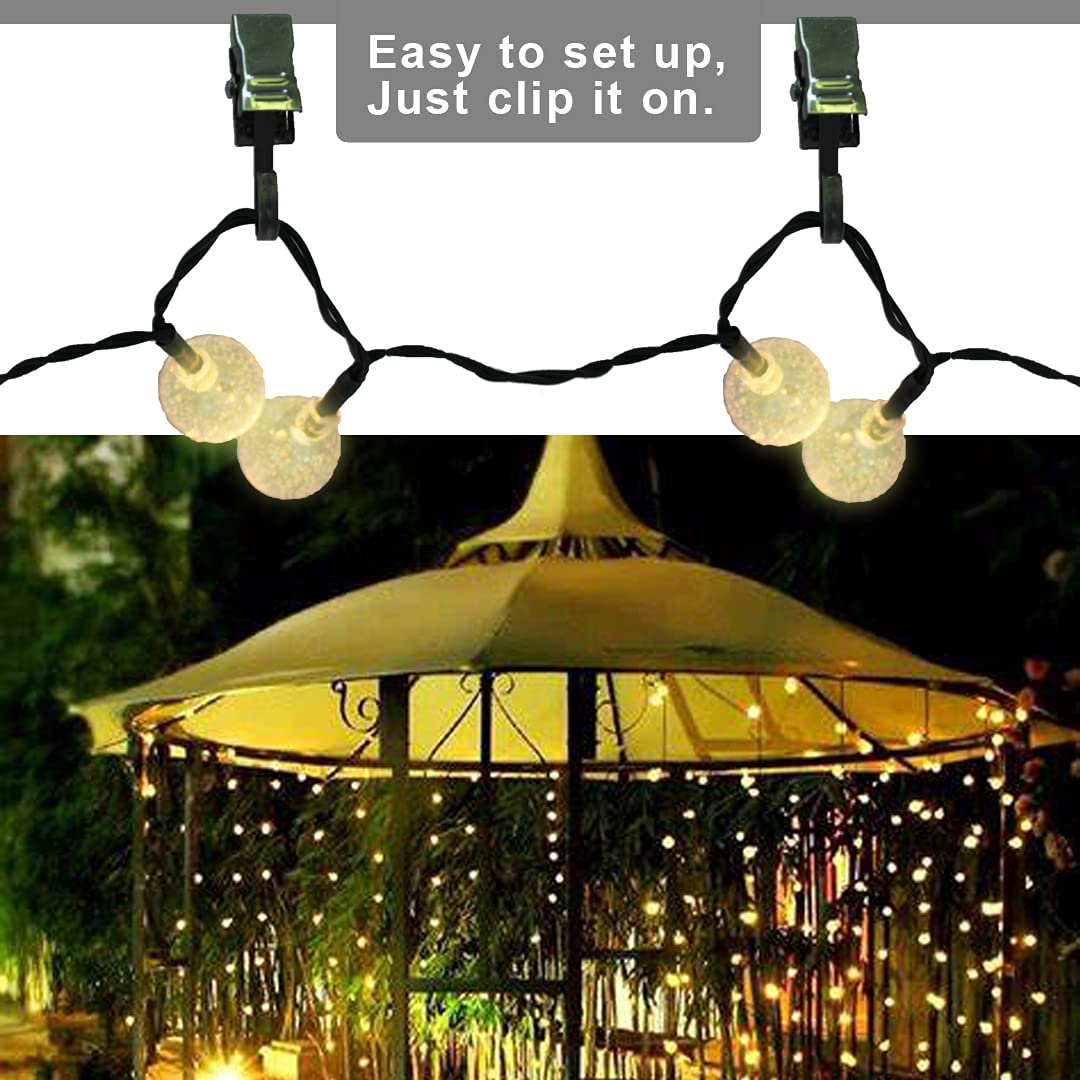Benelet Solar Outdoor String Lights or USB Powered,Waterproof LED Globe Crystal Balls Decorative Lighting for Garden Home Party Wedding Christmas Decoration,50 LED,20 Free Curtain Clips (Warm White)