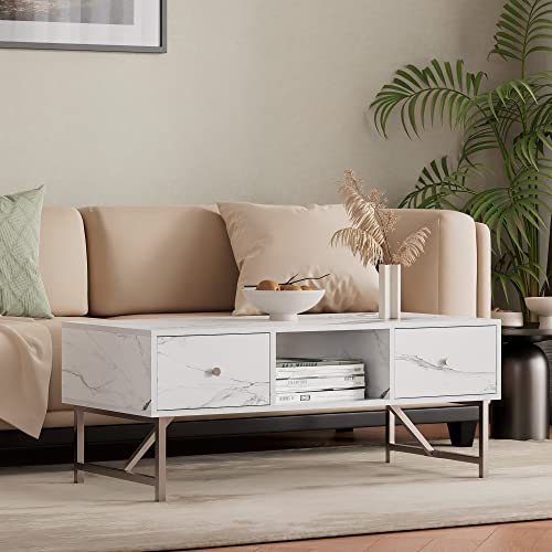 Cozy Castle Coffee Table with Drawers, 43" Mid Century Modern Coffee Table with Storage, Coffee Table with Metal Legs, Wood Small Coffee Table for Living Room, Bedroom and Office, White