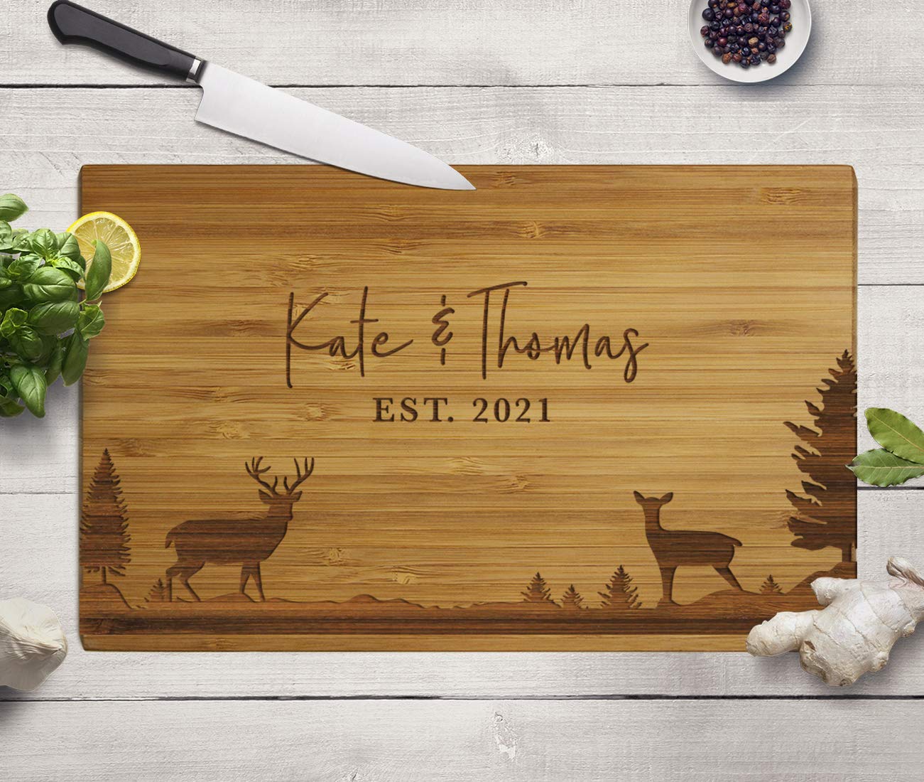 Andaz Press Personalized Large Bamboo Wood Cutting Board Gift, 17.75 x 11-inch, James & Emma, Est. 2024, Rustic Deer Forest, 1-Pack, Custom Engraved Serving Chopping Board Christmas