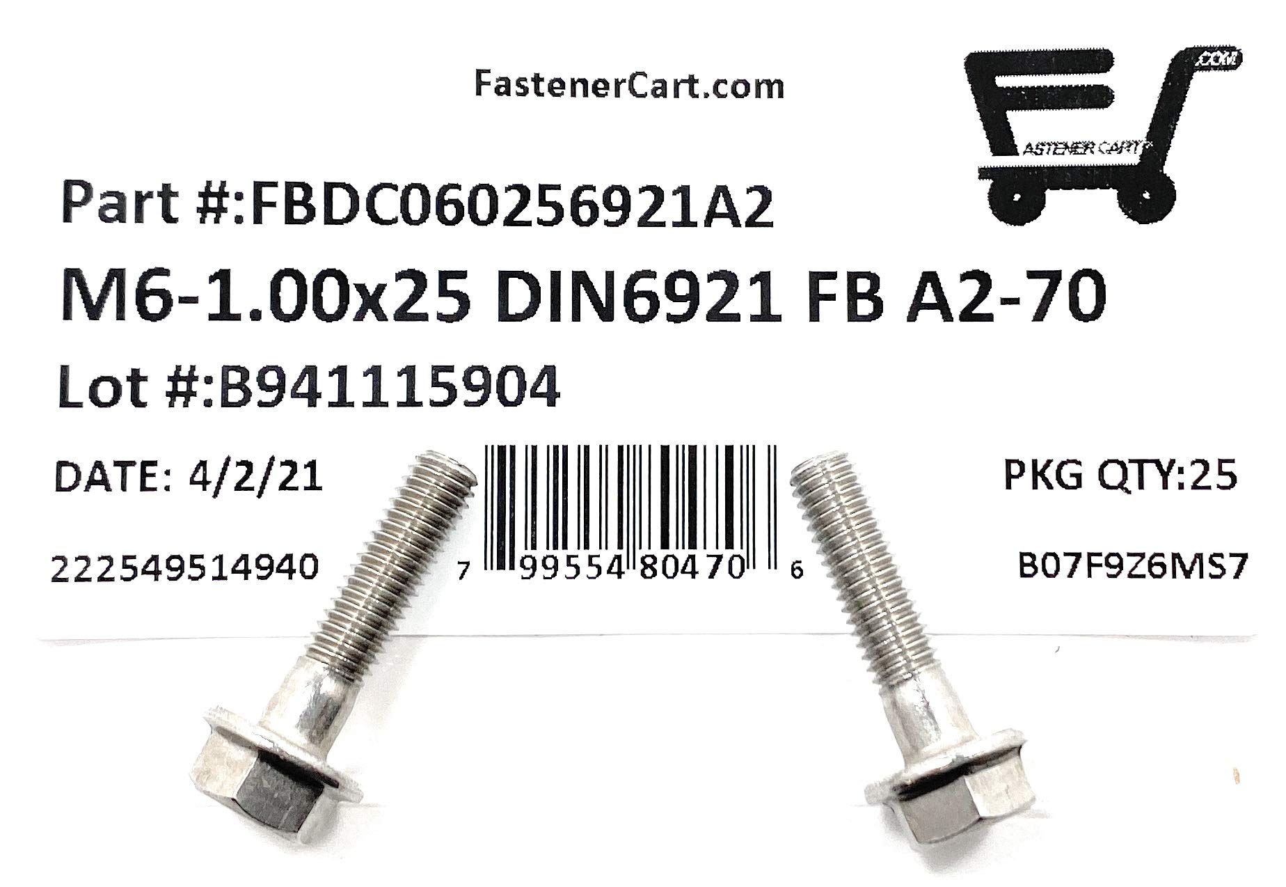 M6-1.00 x 25 Stainless Steel Flange Bolt DIN 6921 A2 Stainless Steel (25 Pieces) M6x25