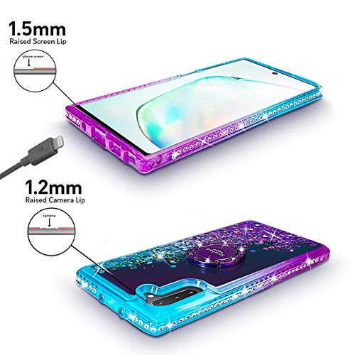 Silverback Galaxy Note 10 Case, Moving Liquid Holographic Sparkle Glitter Case with Kickstand, Bling Diamond Rhinestone Bumper W/Ring Slim Samsung Galaxy Note 10 Case for Girls Women -Purple