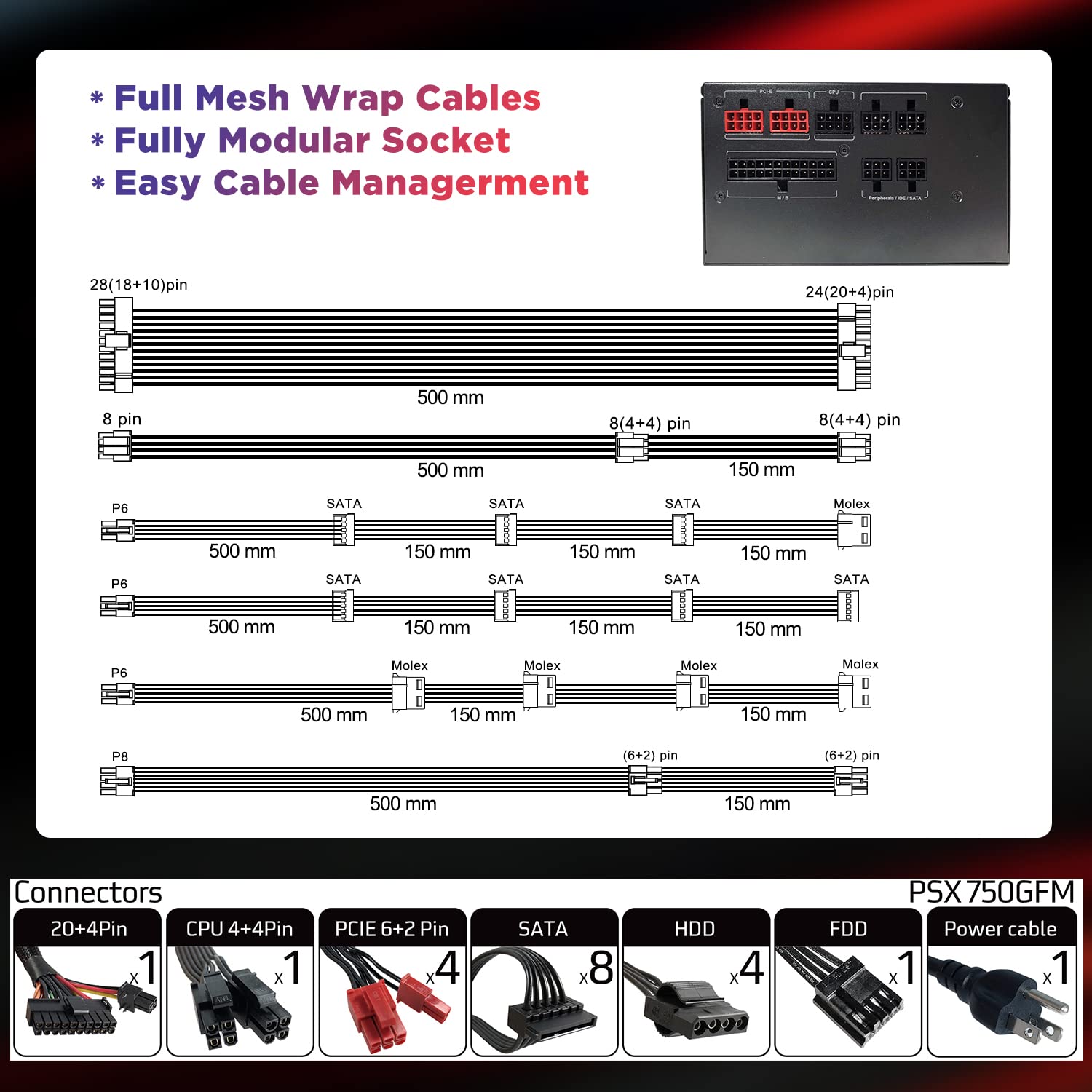 PowerSpec 750 Watt 80 Plus Gold Fully Modular ATX Power Supply Active PFC SLI Crossfire Ready Gaming PC PSU Computer Power Supplies, PS 750GFM