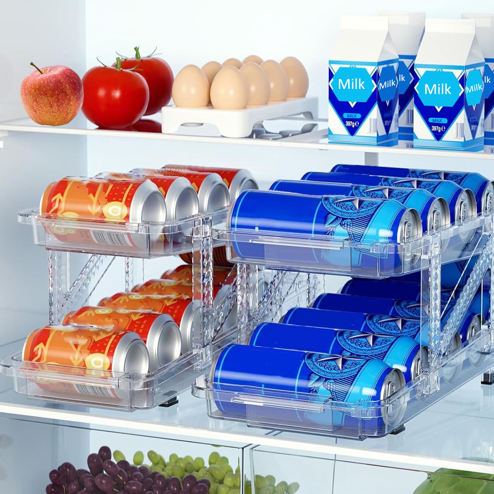 Aoteuk Refrigerator storage containers, Adjustable Width Rolling Soda Can Dispenser Soda Can Storage Rack Beverage Pop Can Holder Drink Organizer for Fridge Pantry Cabinet Countertop (2 Pack, Clear)