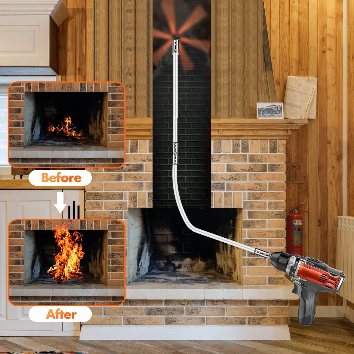 CLLVGOKD Chimney Sweep Kit 30 FT Chrome Button Locking System Chimney Cleaning kit with 9 Reinforced Nylon Flexible Rods Snap Locking 45 Degree Angle Driven by Drill for Fireplace Flue Home Use