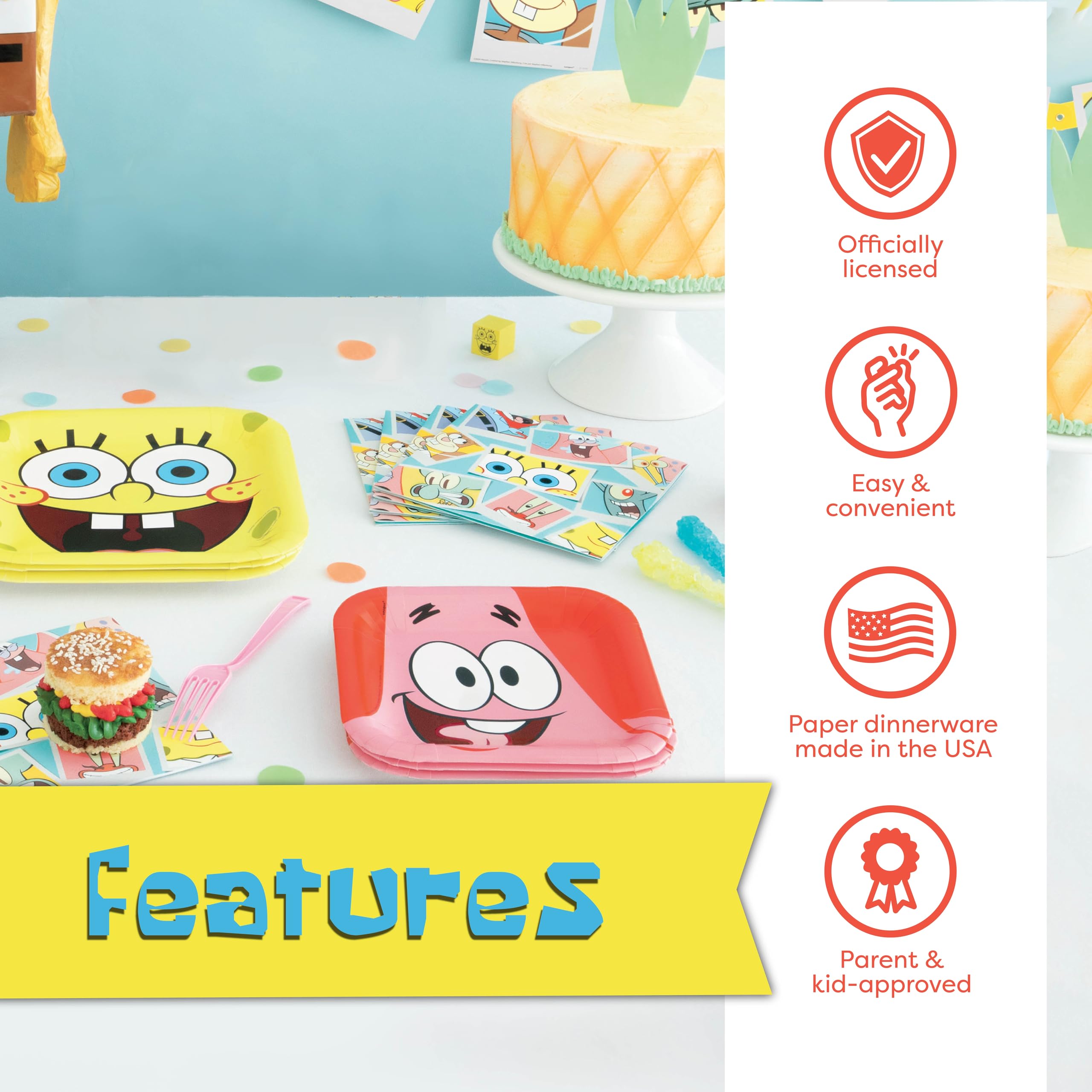 Unique Spongebob Birthday Decorations | Spongebob Party Decorations | Spongebob Party Supplies | Serves 16 Guests | With Banner, Spongebob Tablecloth, Dinner & Cake Plates, Napkins, Forks, Button