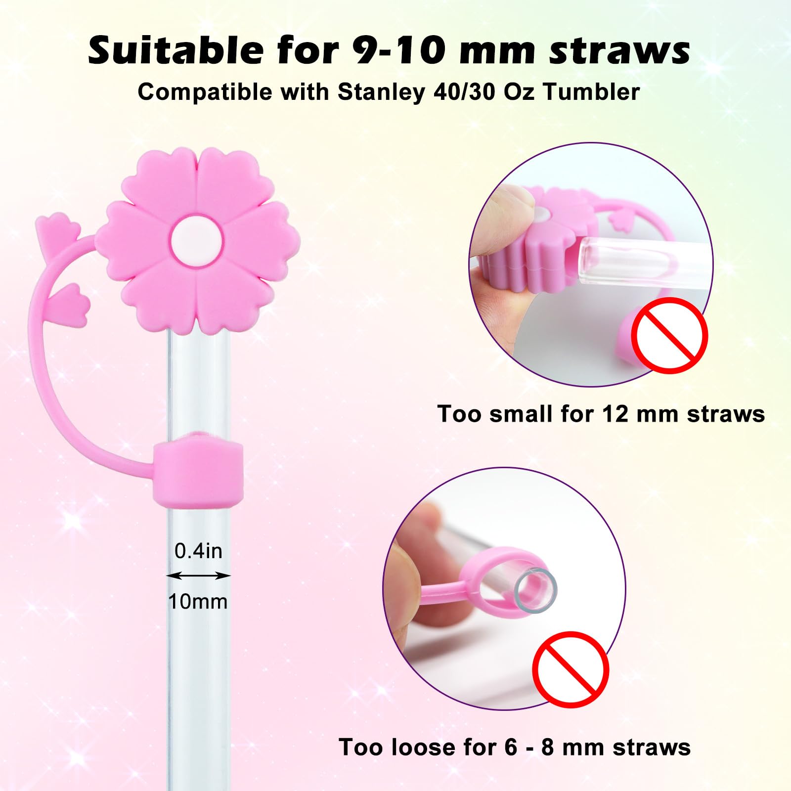 8Pcs Straw Toppers Compatible with Stanley 30 40 oz, Cute Flower Silicone Straw Covers Cap, 10mm Drinking Straw Tip Covers Fit for Stanley Cups Accessories