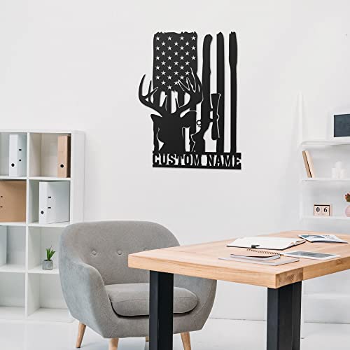 Deer Hunter Metal Wall Personalized, USA Hunter Gun with Flag, Deer Antler Hunting Dad LED Sign, Hunting Camp, Man Cave Deer Decor, Gift For Dad, Father Day Gift