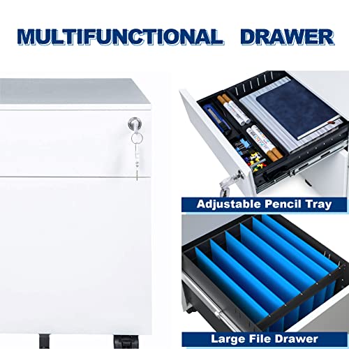 AITERMINAL Steel File Cabinet 2 Drawer with Mobile Casters and Lock Key Fully Assembled- White