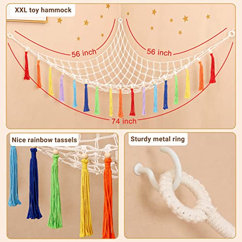 iKeelo 74x56x56 Macrame Toy Storage Hammock for Stuffed Animals, Fits 50-80 Plushies, Wall Hanging Toy Organizer for Kids Bedroom, Nursery and Playroom