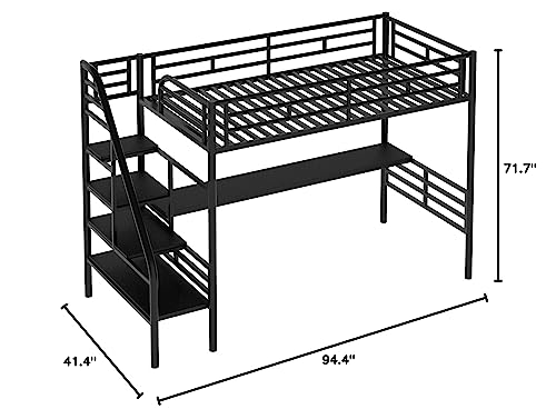GLORHOME Metal Twin Size Loft Bed with Long Desk & Safety Stairway,Space-Saving Kids Loftbed Frame for Kids Teens Children, No Box Spring Needed, Black