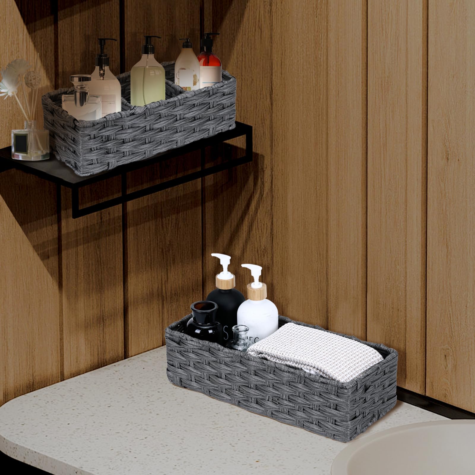 DULLEMELO Toilet Paper Basket for Organizing, Small Bathroom Baskets for Storage, Waterproof Toilet Paper Basket for Back of Toilet, Grey, 2 Pack