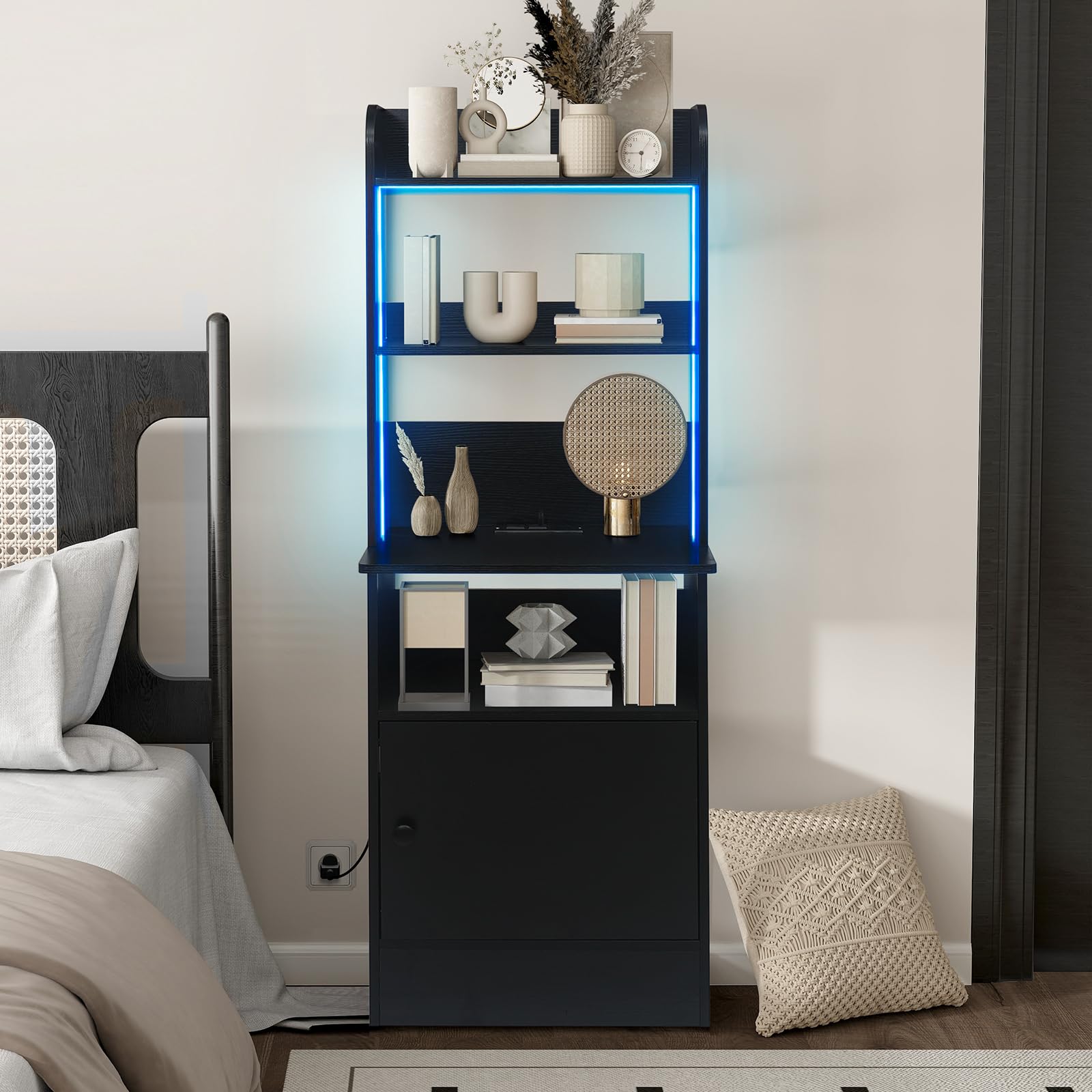 ARTETHYS Tall Nightstand Set of 2 with Charging Station and LED Light 47" Black Night Stand with Storage and Adjustable Bookshelf for Bedroom, Home Office
