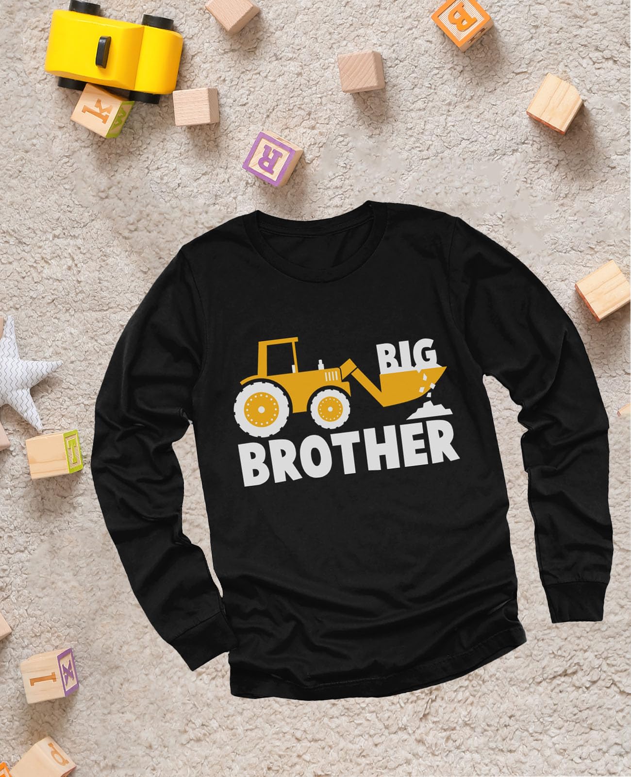 Tractor Big Brother Shirt Baby Reveal Sibling Boy Kids Long Sleeve T-Shirt 2T Black