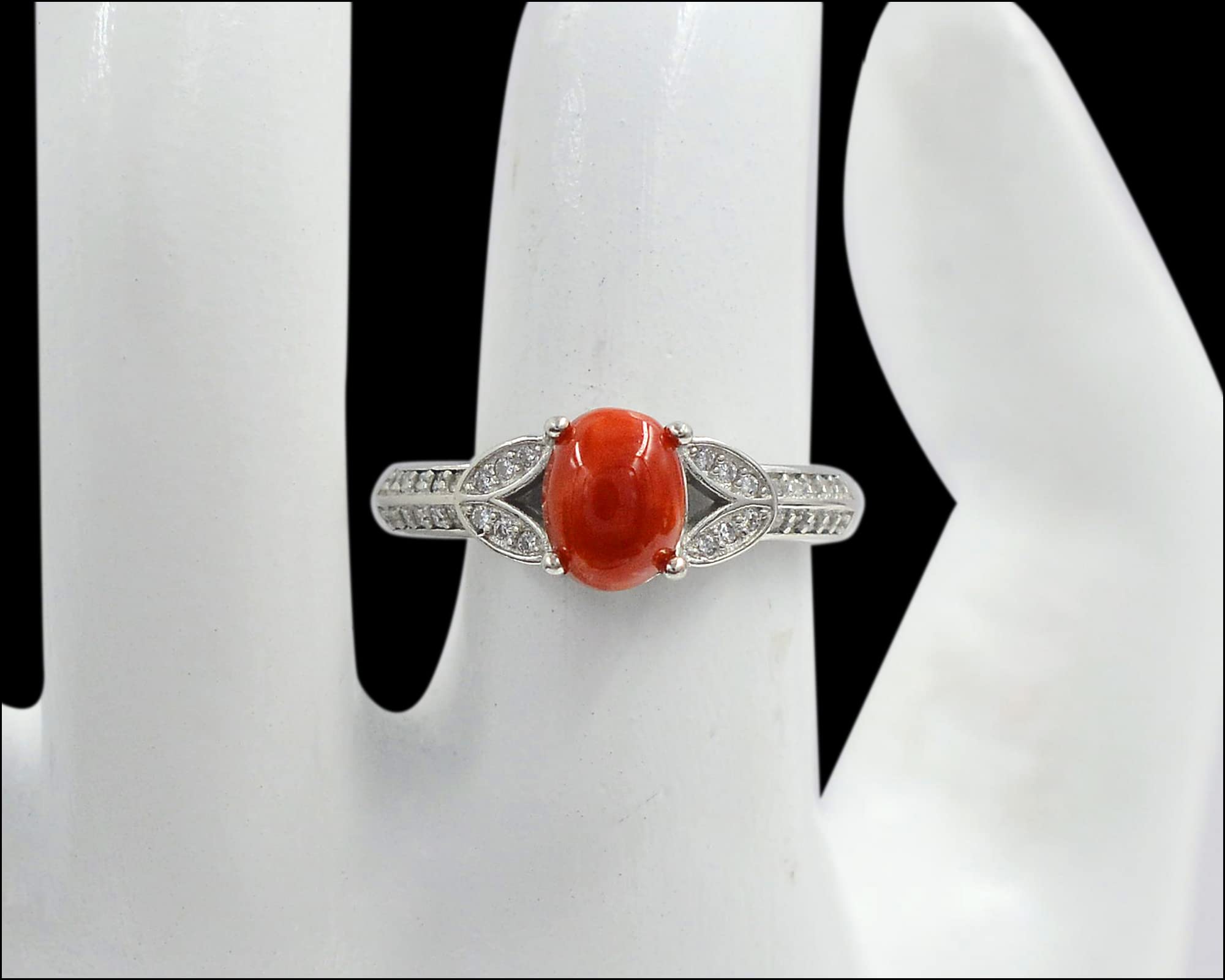 8X6 MM Oval Cut Natural Red Coral Cabochon Gemstone 925 Sterling Silver May Birthstone Solitaire Unisex Proposal Ring Birthday Gift For Wife (Yellow Gold Rhodium Plated Silver, 8)