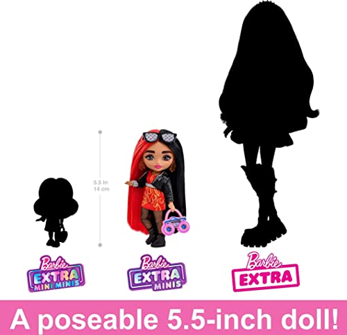 Barbie Extra Minis Doll & Accessories with Red & Black Hair, Toy Pieces Include Flame-Print Dress & Moto Jacket