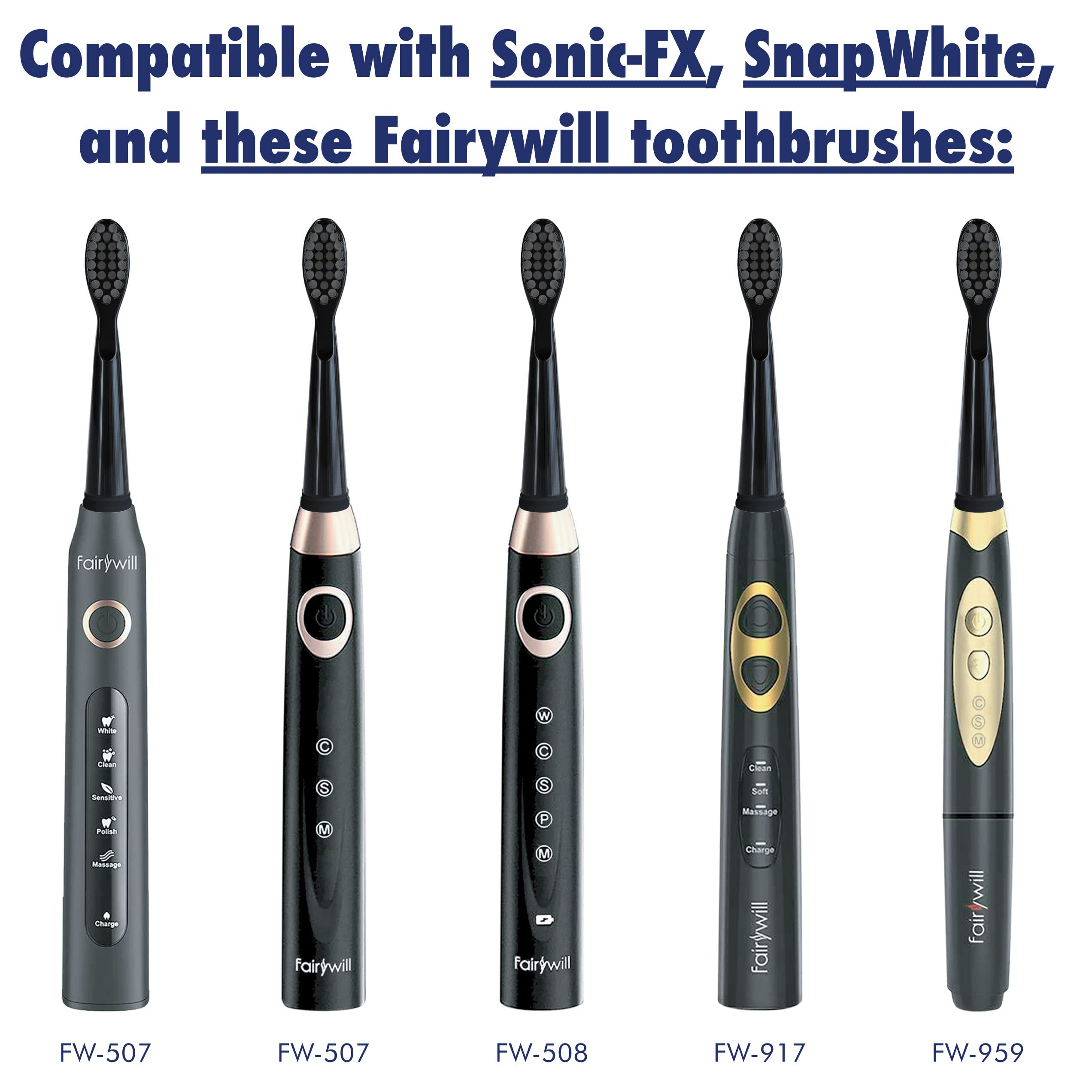 Replacement Electric Toothbrush Heads for Fairywill, Sonic-FX, SnapWhite โ Soft Nylon Charcoal Bristle Twist Lock Replacement Tooth Brush Head, Compatible with Electric Toothbrushes (Black,Pack of 8)