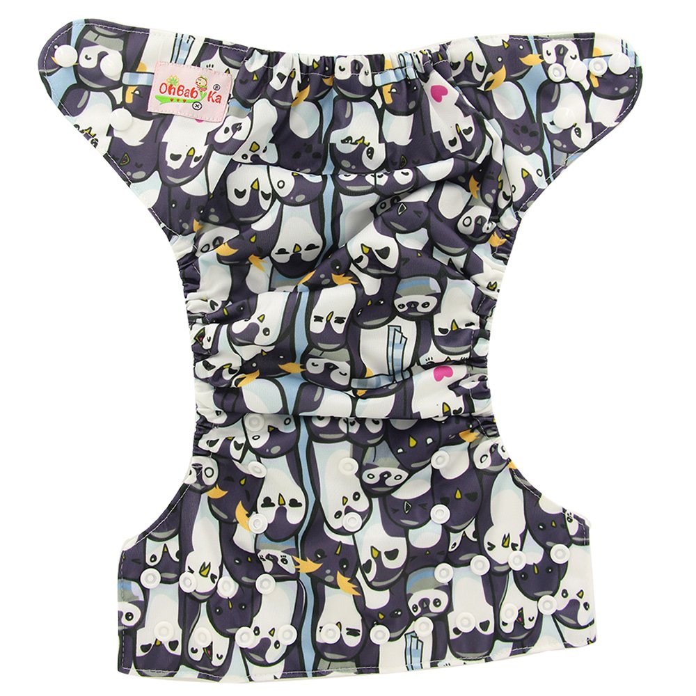 Ohbabyka Reusable Washable Baby Boys/Girls Pocket Cloth Diapers with 1pc Insert (Penguin+1 Insert)