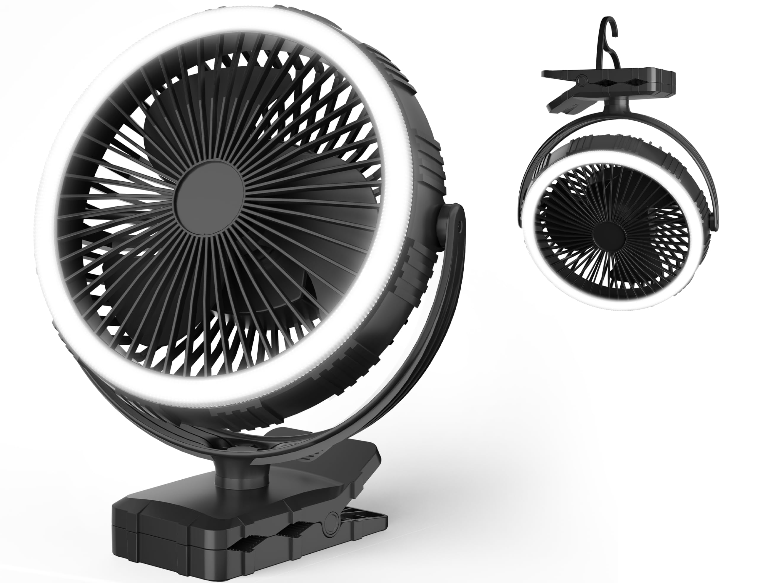 GRANDFAST 10000mAh Rechargeable Clip On Fan - 8" Battery Operated Fan with Timer, Strong Airflow Portable Battery Powered Fan with Light & Hook for Camping Outdoor Office Home Hurricane Power Outage