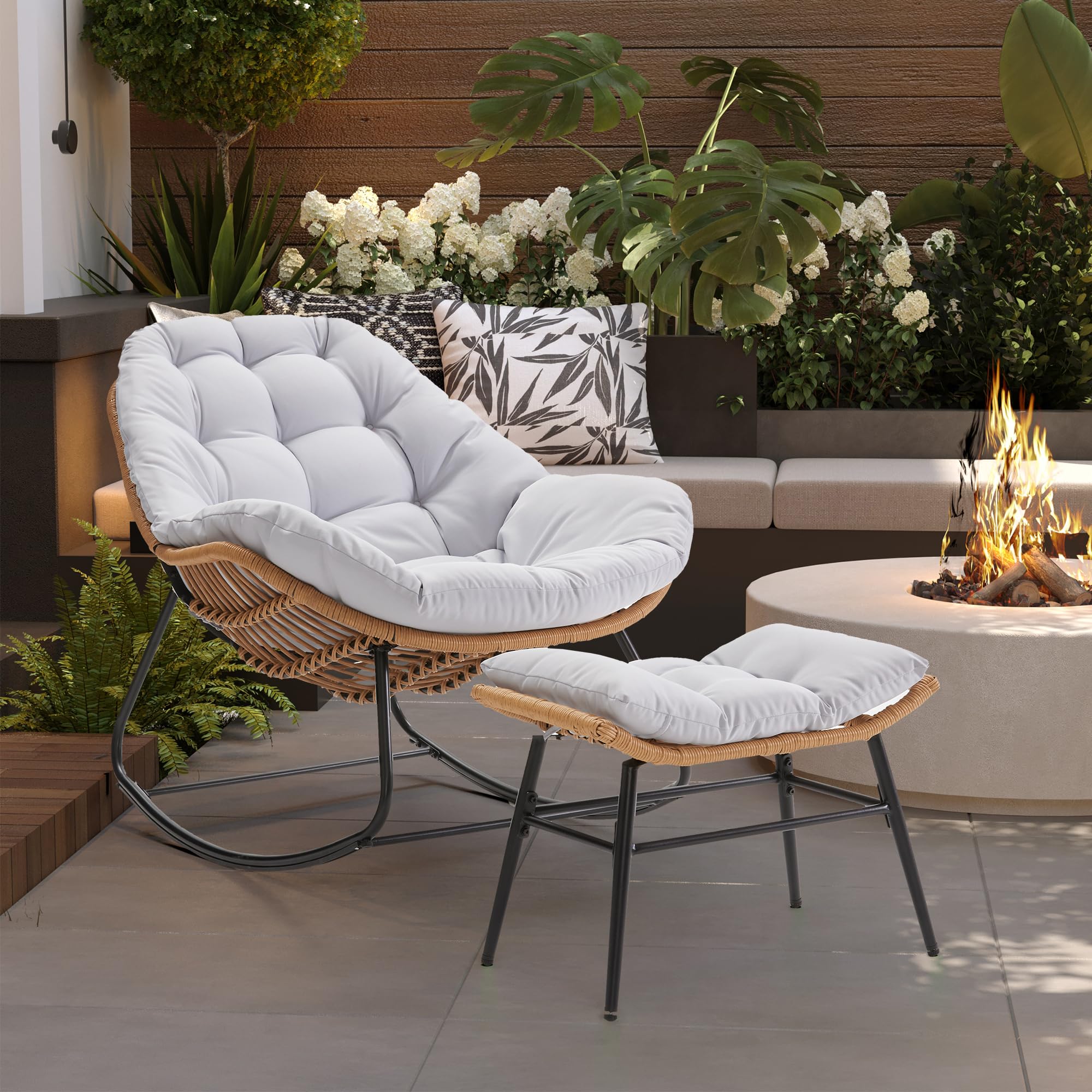 Apepro Wicker Rocking Chair with Footstool,Patio Rocking Chairs with Thickened Cushions,Outdoor Rocking Chair Glider Rocking Chair,Light Grey