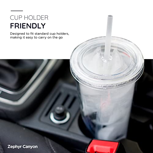 Zephyr Canyon 24oz Double Wall Plastic Tumblers with Lids and Straws | Large Classic Travel Tumbler | 4 Pack Set of 4 | Clear Reusable Cups with Straws | BPA Free