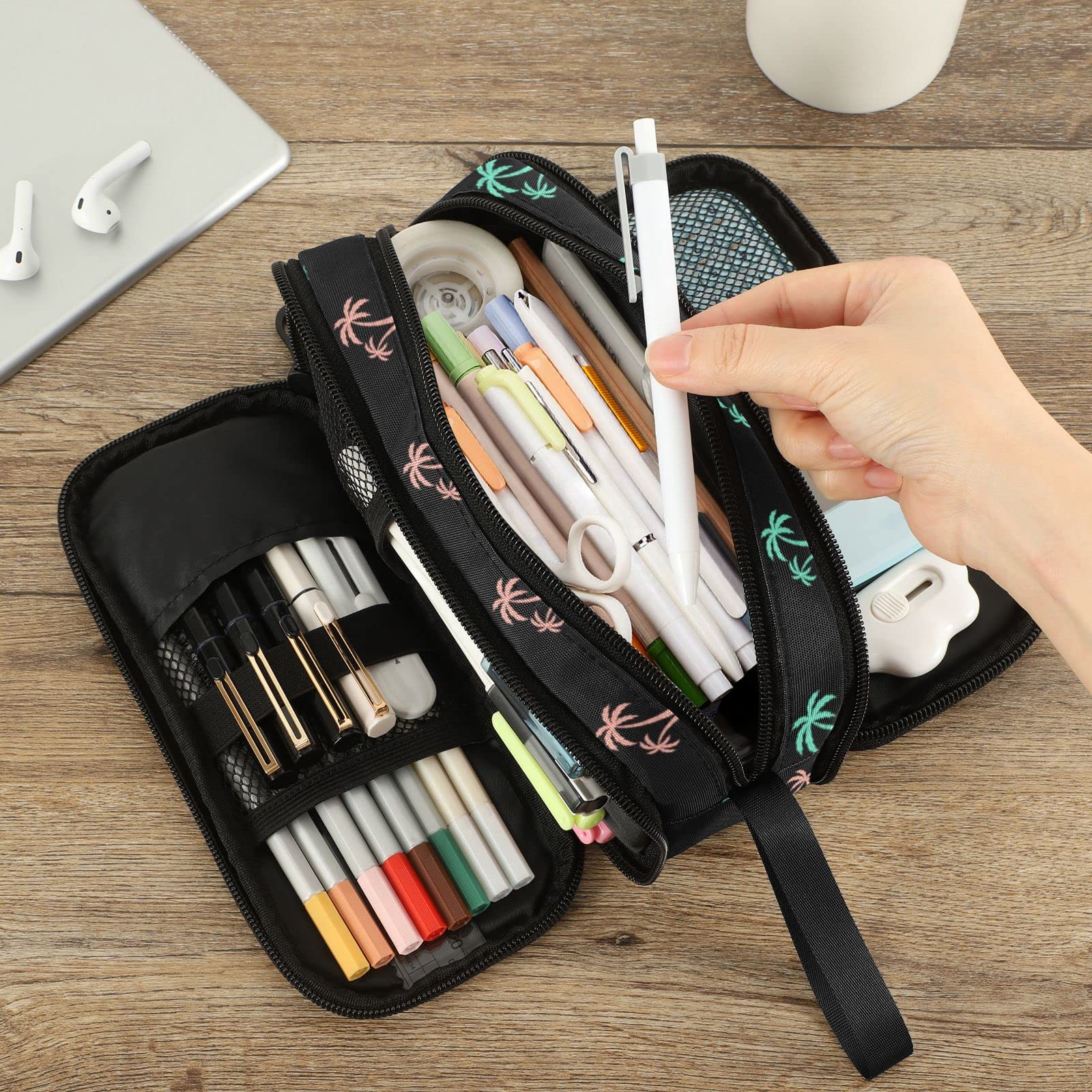 Fustylead Palm Trees Pencil Pen Case Stationery Bag, 3 Compartments School College Office Desk Organizer Storage Pouch Makeup Bag for Teen Boys Girls Students