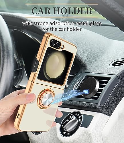 Dinick Compatible for Samsung Galaxy Z Flip 5 Case with Ring Holder Kickstand [with Magnetic] Soft TPU Shockproof Electroplated Protective Phone Case for Galaxy Z Flip 5 White
