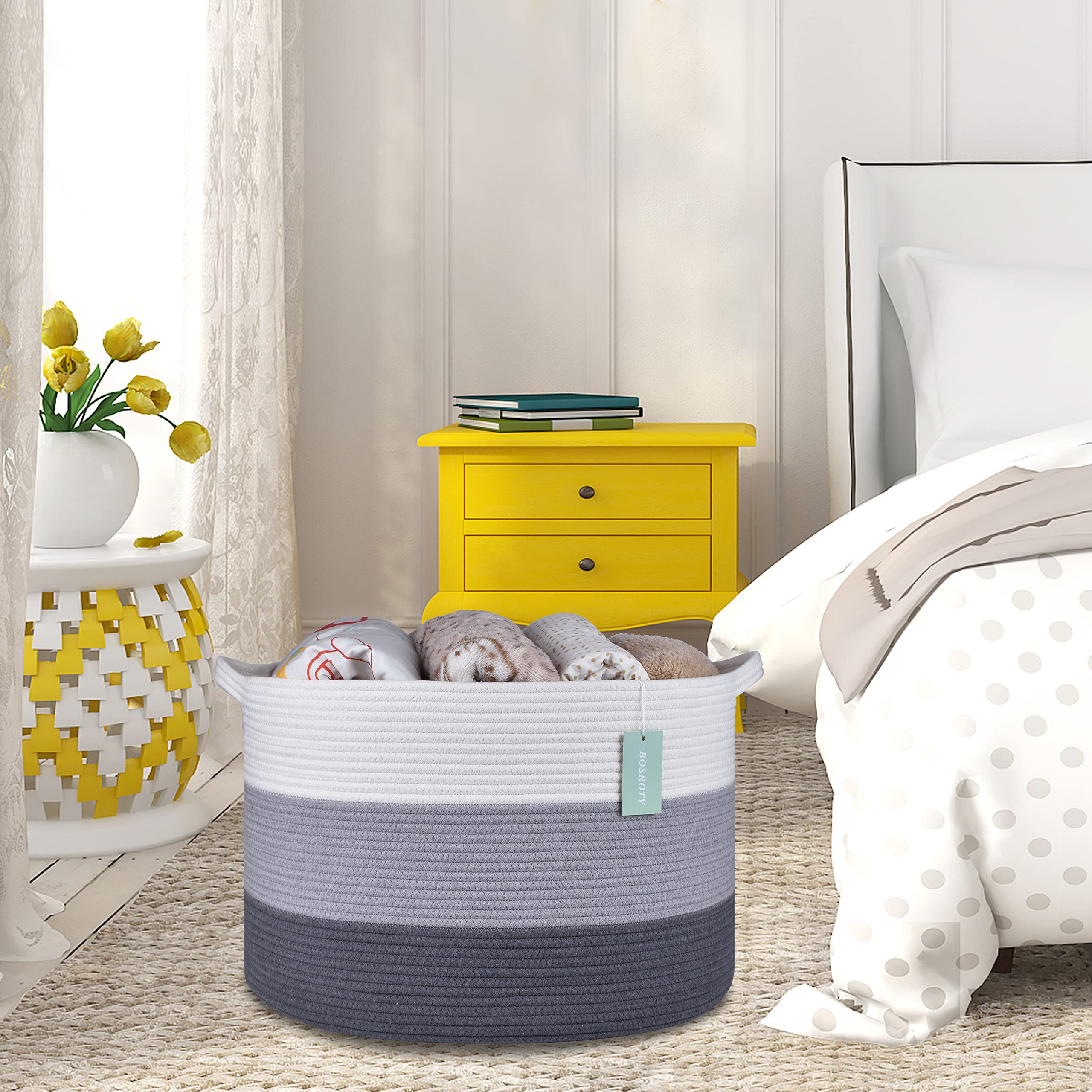 BOSROTY Extra Large Blanket Basket 87L, Laundry Hamper, Baby Nursery Hamper, Large Laundry Basket For Girls Boys, Cotton Rope Basket, Clothes Basket Laundry, 22βx 14β, White & Gray