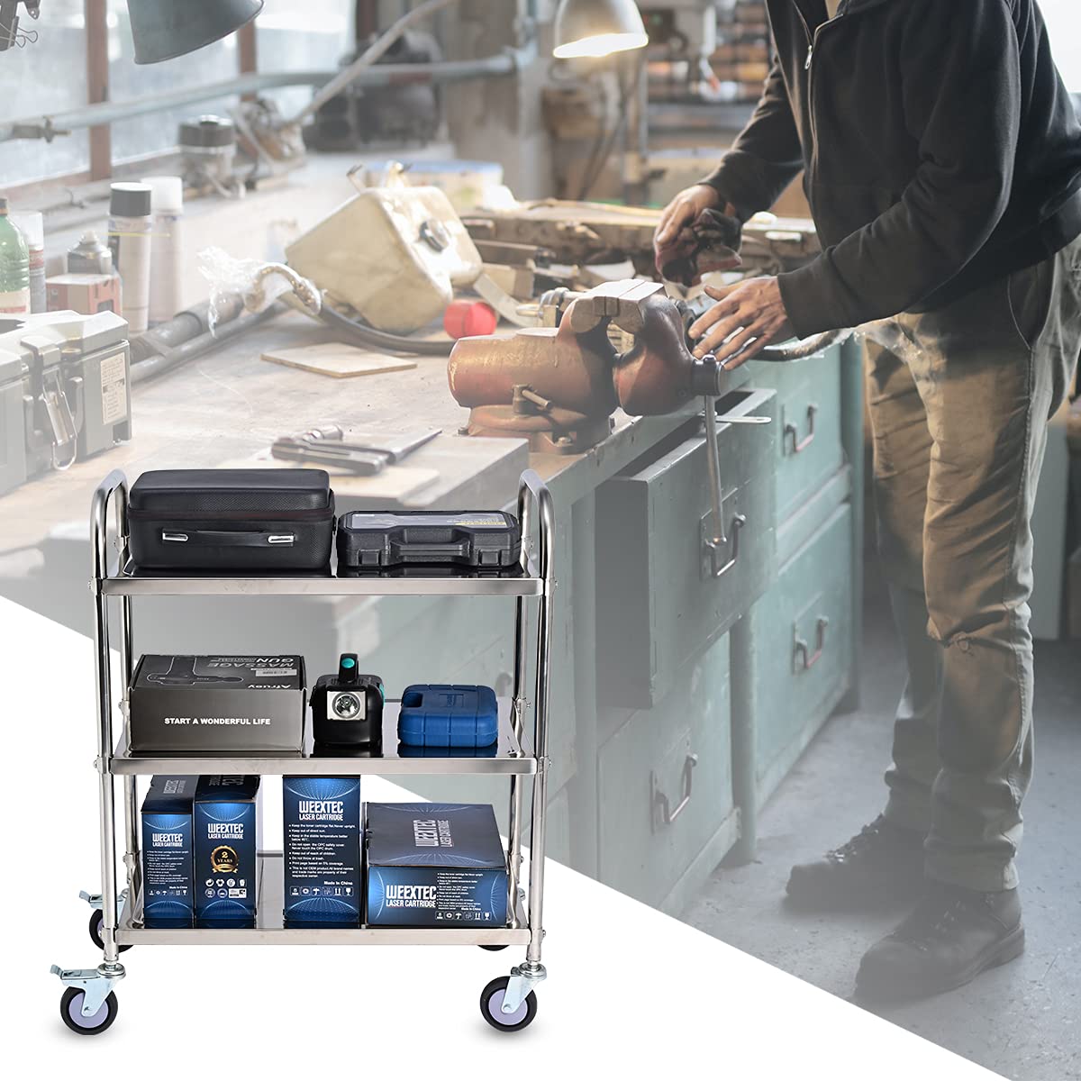 Amarite 3 Shelf Stainless Steel cart,420 lbs,1MM Thick,Serving cart with Wheels, Household, Service Trolley,360°Rotation Storage Shelf with Locking Wheels(29.5*15.8*37.4)'' Stainless Utility cart.