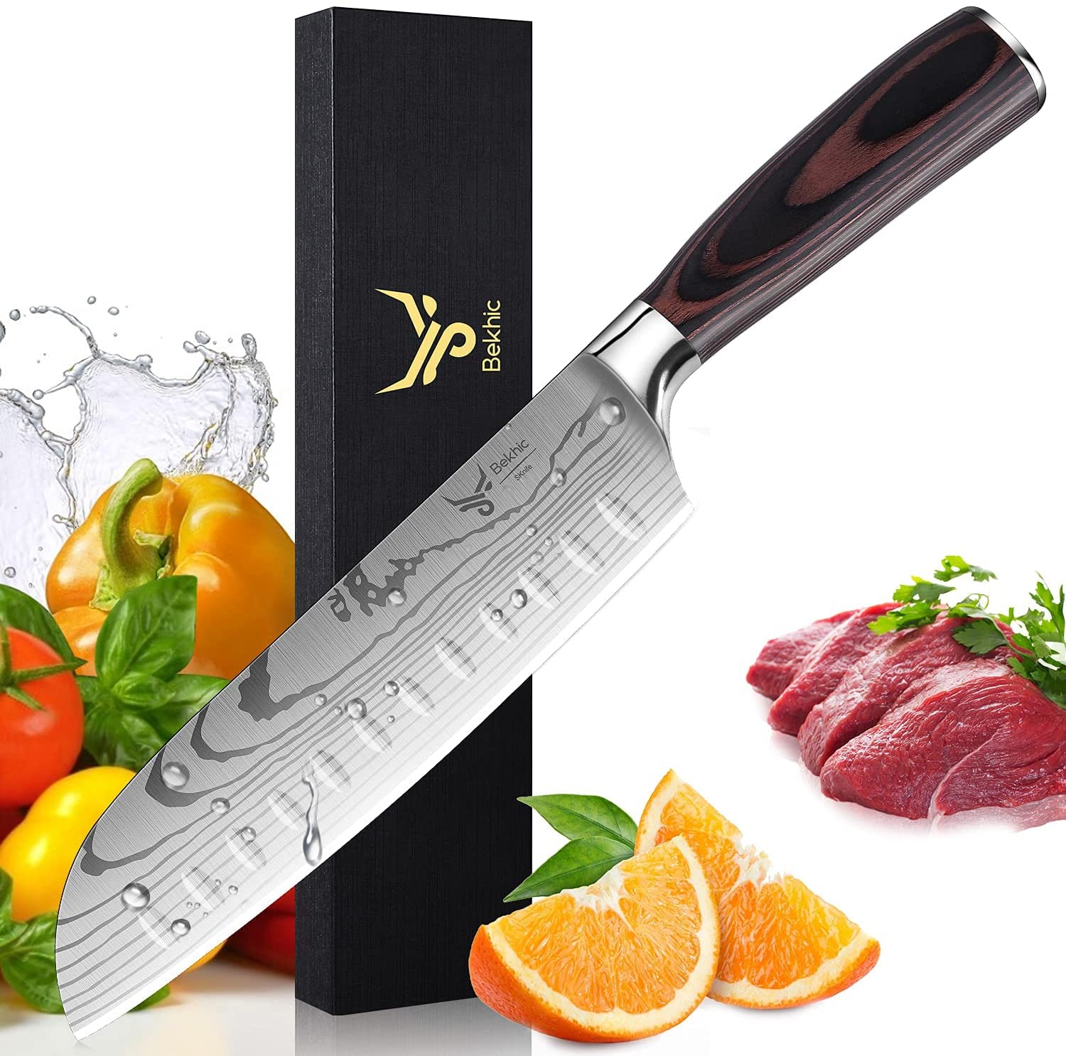 Bekhic Santoku Knife- SKnife Pro Kitchen Knife 7 Inch Kitchen Knife Asian Knife Japanese Chef Knife made of German High Carbon Stainless Steel ,Ergonomic Handle, Ultra Sharp (Silver&Maroon)