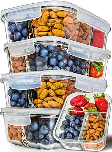 PrepNaturals glass food storage containers, meal prep container, bento box for lunch, dishwasher & microwave safe (multi-compartment)