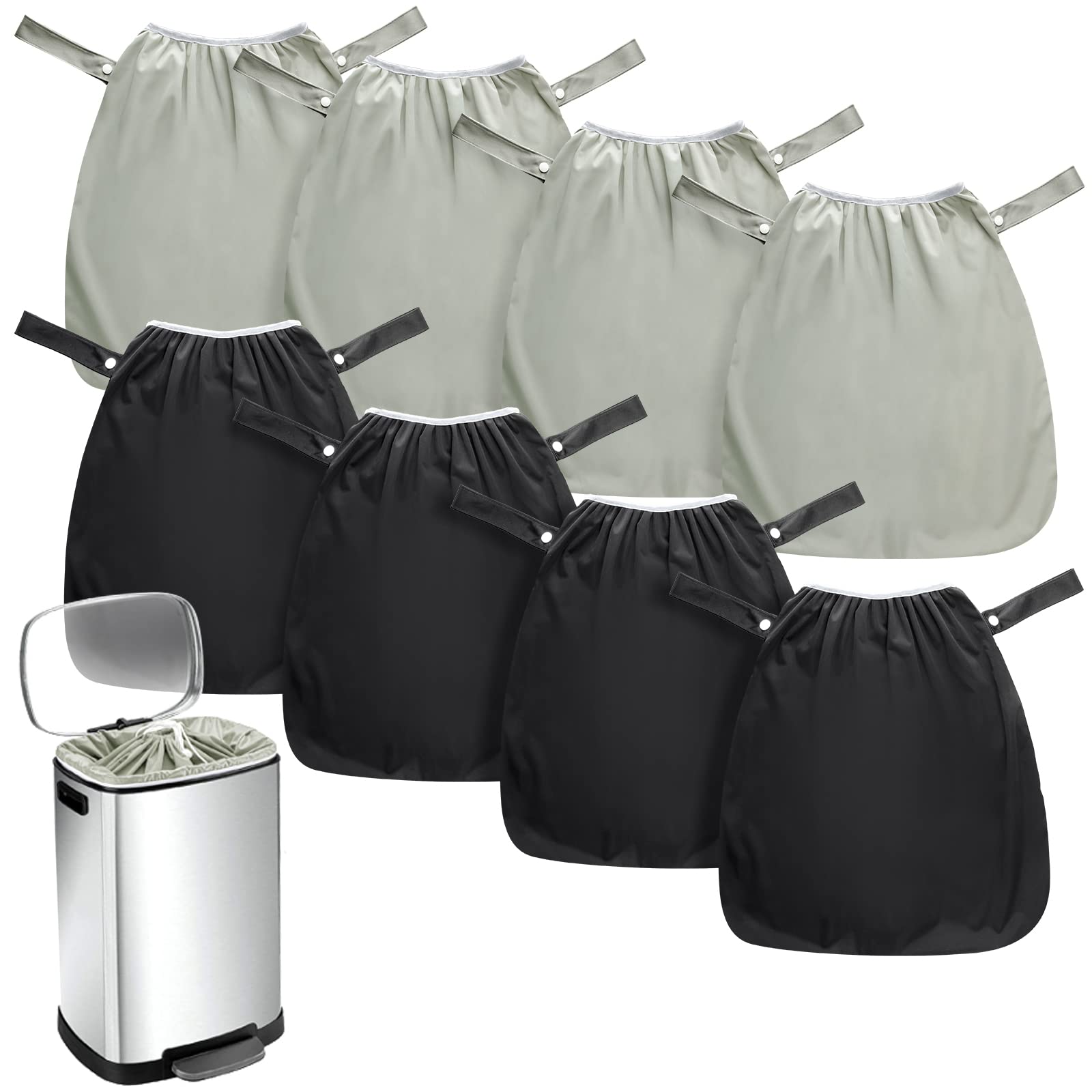 8 Pack Reusable Pail Liner for Cloth Diapers Waterproof and Washable Wet Bag Water-resistant Diaper Pail Refills Diaper Trash Bags with Snaps Cloth Diaper Pail for Laundry Kitchen Garbage, Black Gray