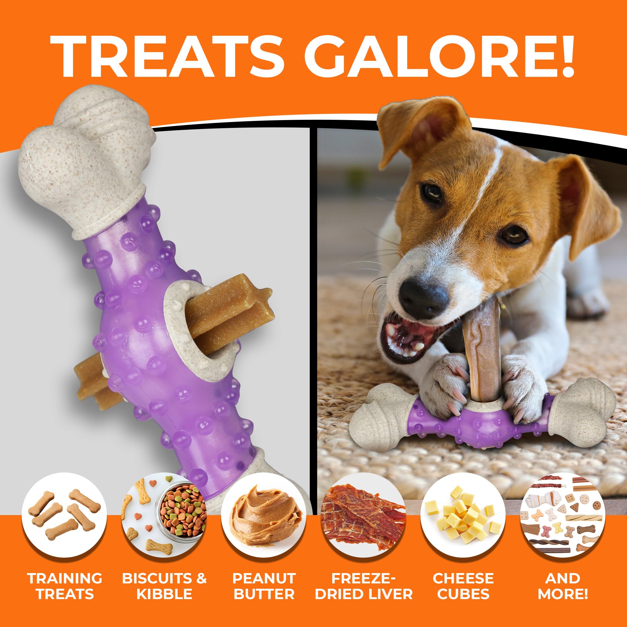 AXIOM CREATIONS Interactive Dog Toy for Small Breeds - 6x2โ Bone Shaped Puppy Chew Toys for Teething - Pet Safe Wheat Straw Fiber Material with Treat Holder (Purple)