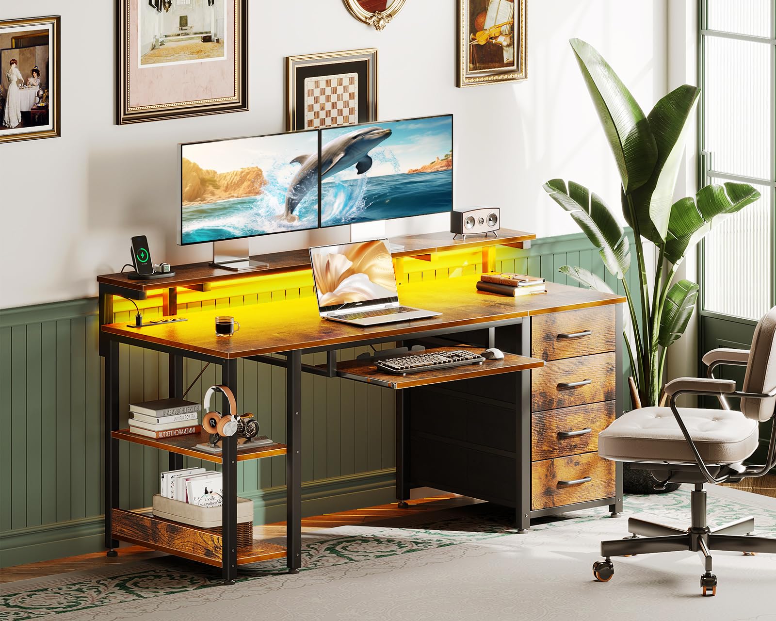 AODK 63 Inch Computer Desk with Power Outlet and LED Light, Office Desk with Fabric Drawer and Keyboard Tray, Gaming Desk with Adjustable PC Shelf and Monitor Stand, Desk for Bedroom with USB, Vintage