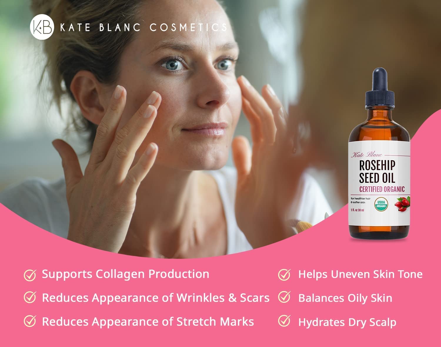 Kate Blanc Cosmetics Rosehip Oil for Face & Skin (1oz, Organic, Pure, Cold Pressed) Rosehip Seed Face Oil for Facial & Gua Sha Massage