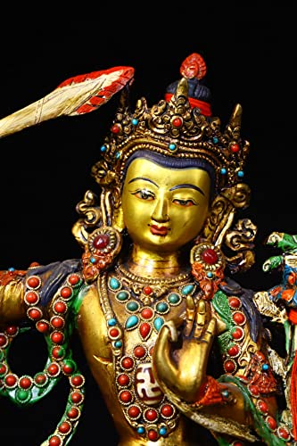 9" Tibetan Temple Collection Old Bronze Outline in Gold Painted Mosaic gem Dzi Beads Manjushri Worship Buddha Town House