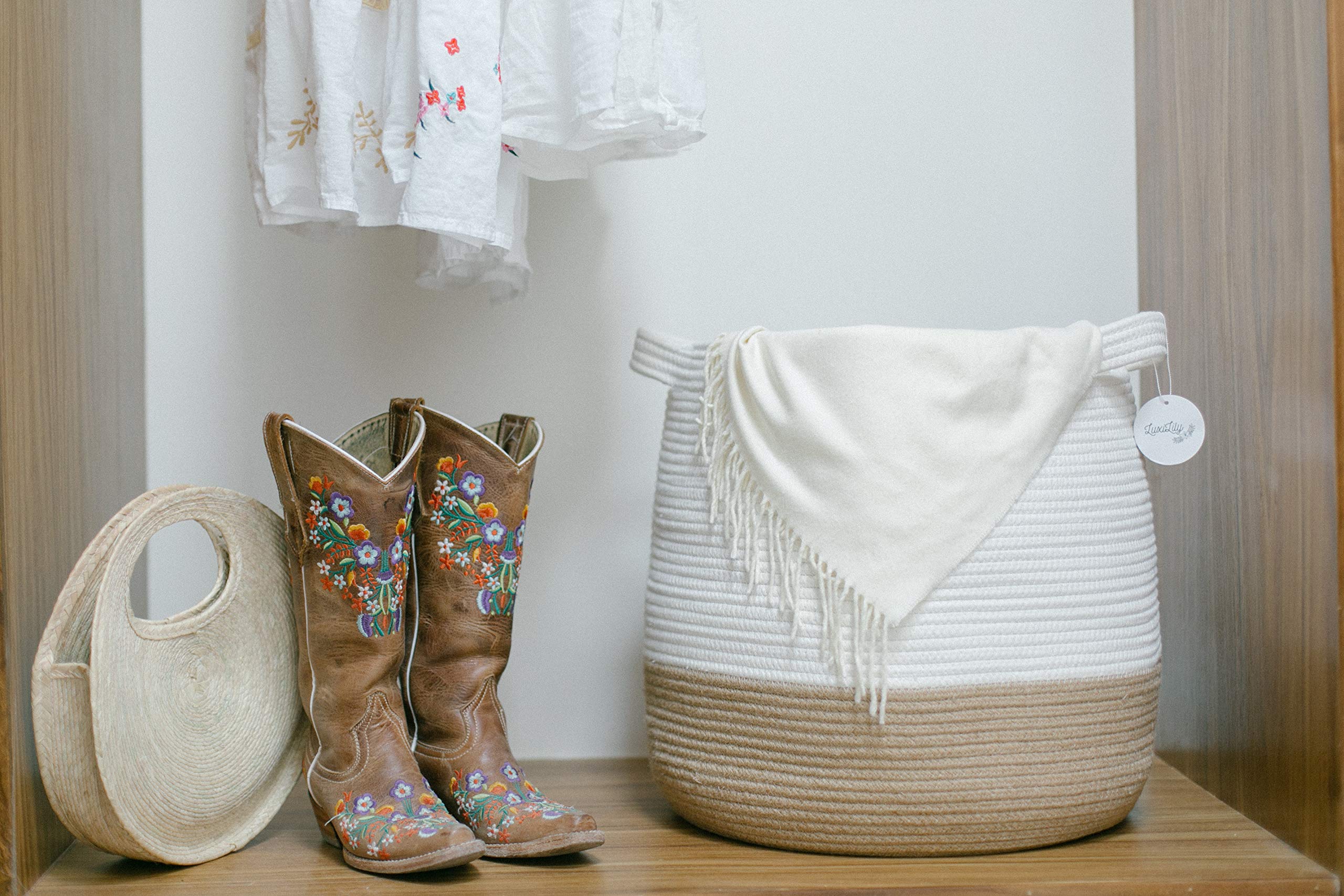 Large Blanket Basket for Living Room - Decorative Woven Baskets for Storage, Cotton Rope Baskets for Storage 16βx18β, Round Basket, Tall Laundry Hamper Basket, LuxiLily Baskets