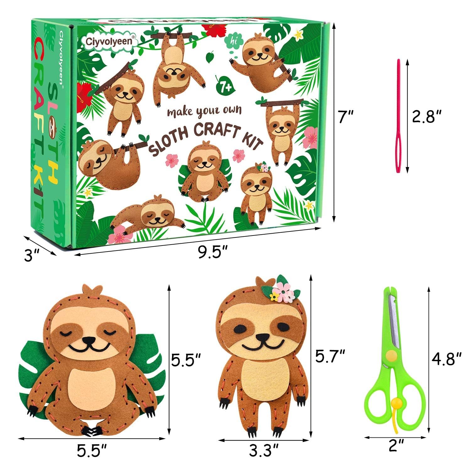 CiyvoLyeen Sloth Sewing Craft Kit Jungle Animal DIY Craft Sewing Kit for Girls and Boys Educational Sewing Kits for Kids Age 8 9 10 11 12 Craft Kit Includes 8 Projects
