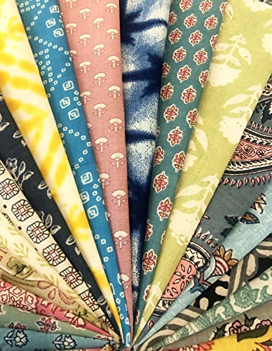 Craftbot 100% Cotton Lightweight Thin & Soft Indian Block Print Fabric Squares -50pc- 8x8" for Craft