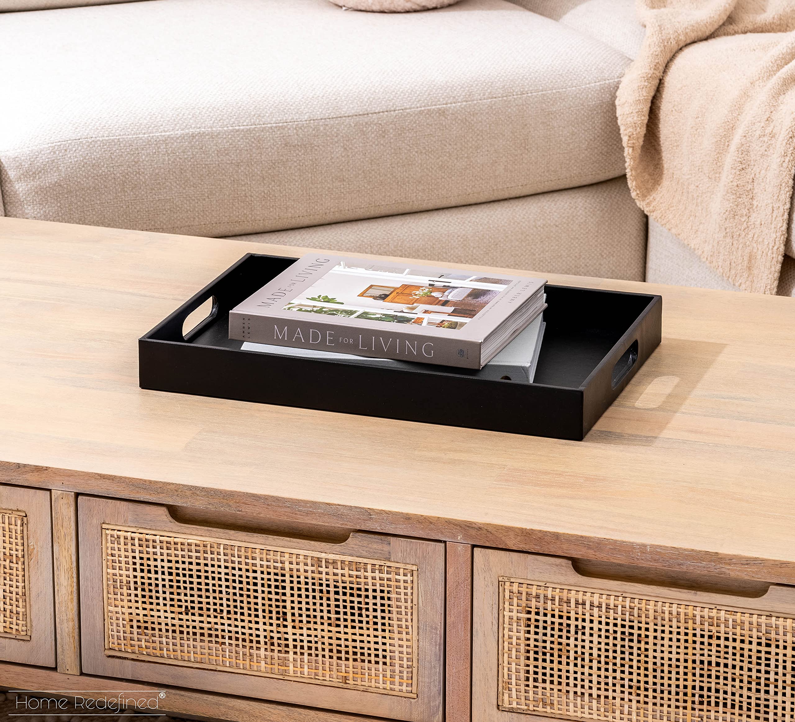 Home Redefined Beautiful Modern Elegant 18"x12" Rectangle Classic Black Faux Leather Decorative Ottoman Coffee Table Perfume Living Room Kitchen Serving Tray with Handles for All Occasion's