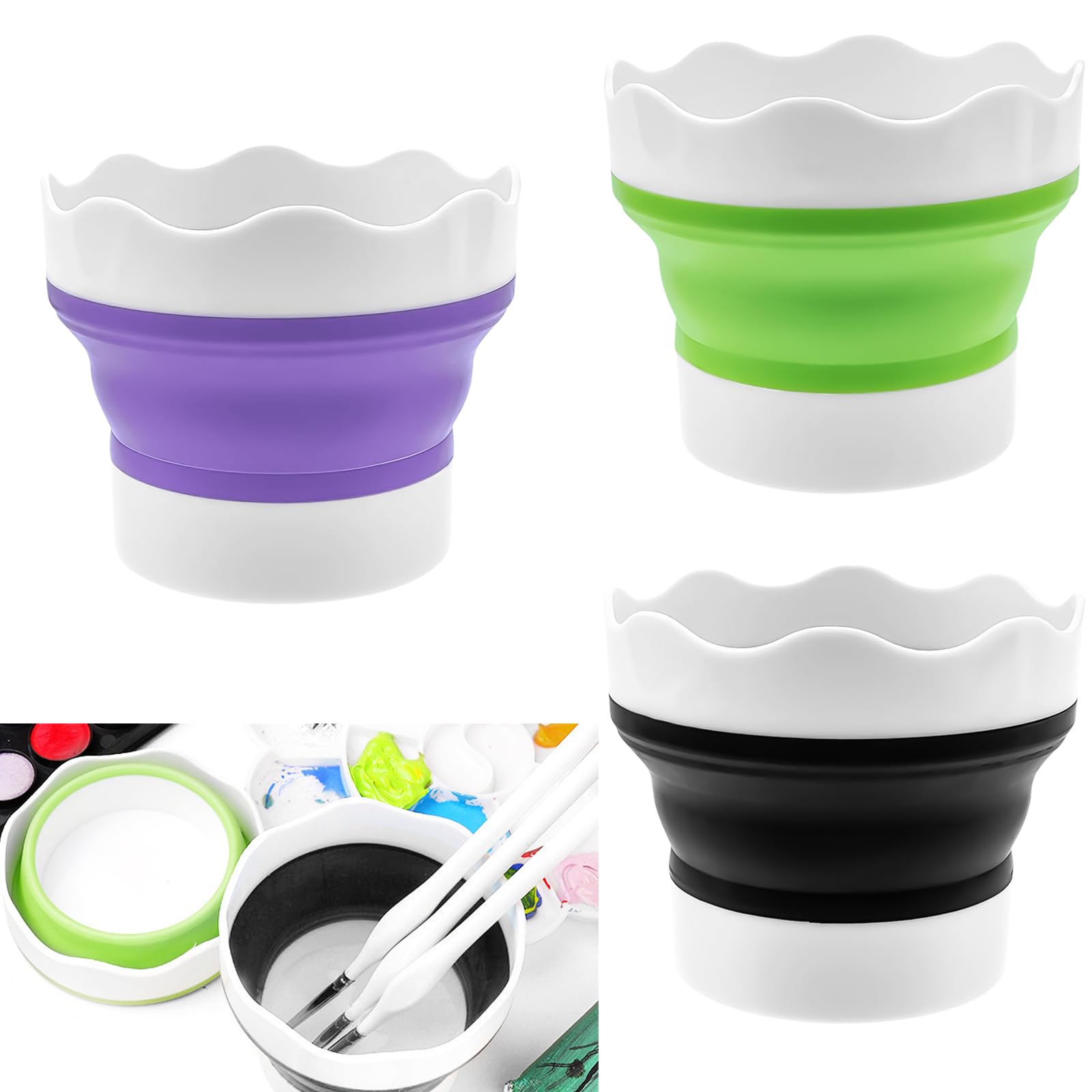 Aswewamt 3 Pcs Collapsible Paint Brush Washer Silicone Portable Painting Water Cup Mini Foldable Washing Bucket Brush Holder Organizer Cleaner for Watercolor Oil Painting (Black+Purple+Green)