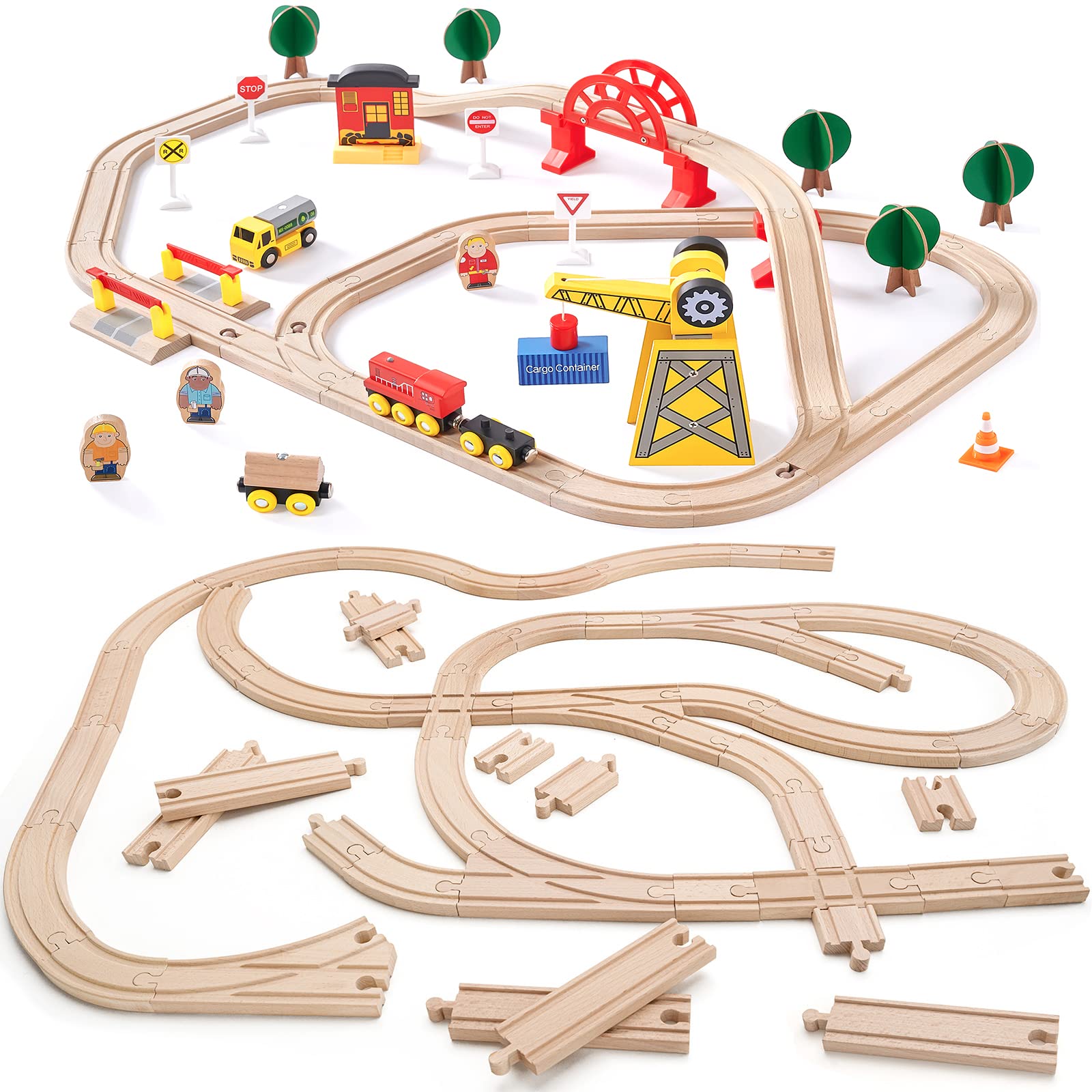 55Pcs Crane Train Set Bundle with 52 Pcs Train Track Expansion - Gift Packed Toy Railway Kits-