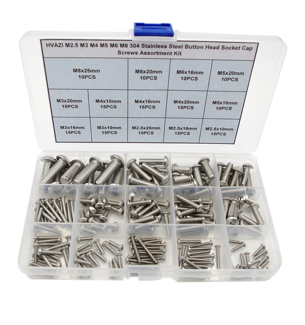 HVAZI Metric M2.5 M3 M4 M5 M6 M8 304 Stainless Steel Button Head Socket Cap Screws Assortment Kit