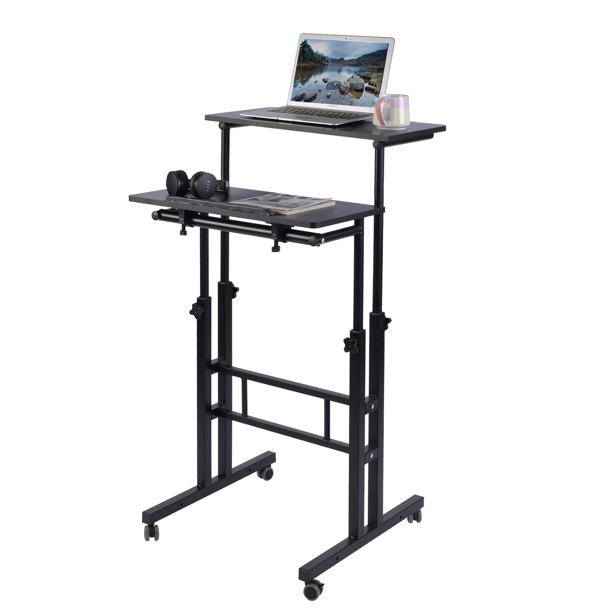 AIZ Mobile Standing Desk, Adjustable Computer Desk Rolling Laptop Desk Cart on Wheels Home Office Computer Workstation, Portable Laptop Stand Tall Table for Standing or Sitting, Black Willow
