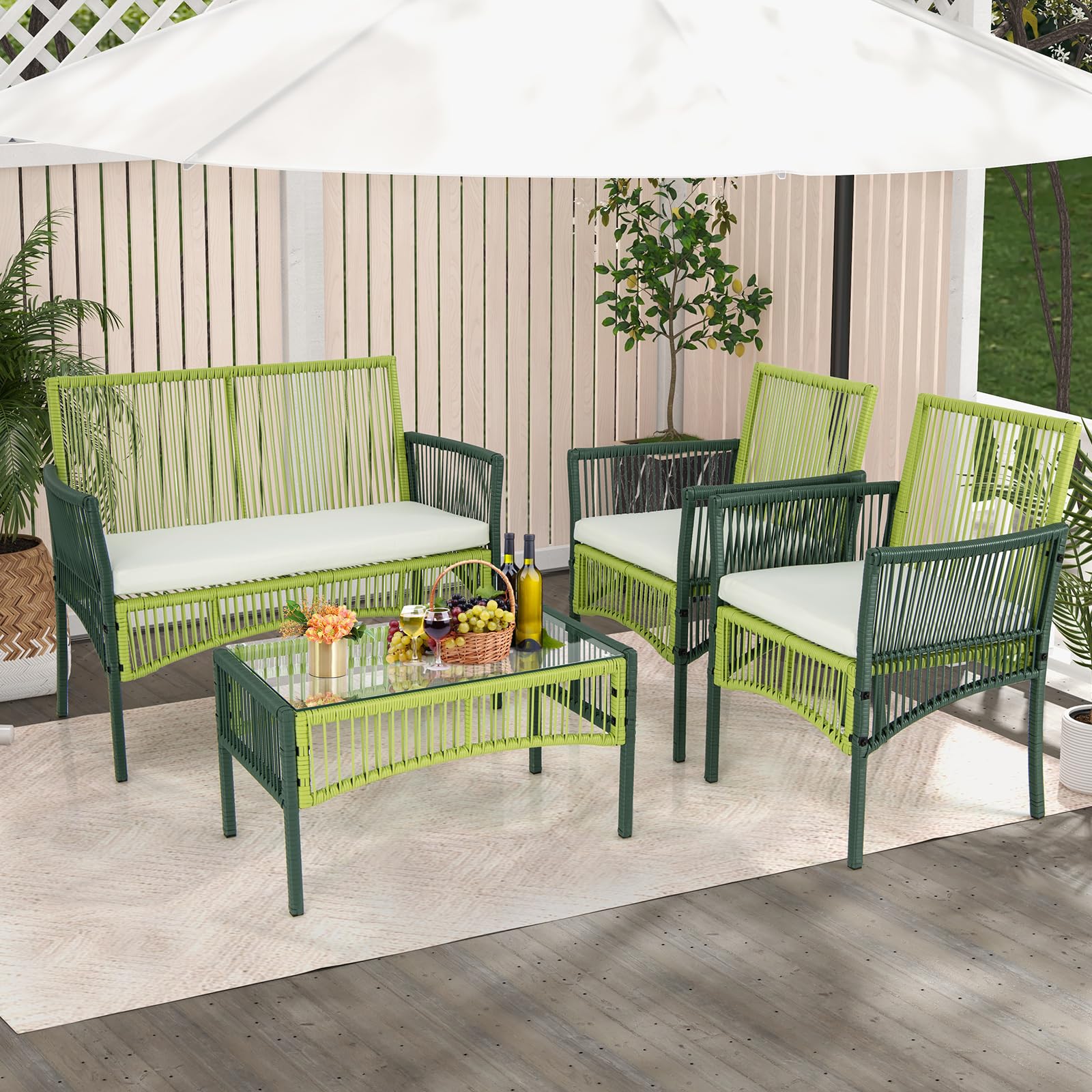 Tangkula 4 Pieces Outdoor Rattan Chair Set, Patiojoy Patio Wicker Conversation Set W/Soft Cushions, Tempered Glass Tabletop, Solid Metal Frame, for Backyard, Poolside, Balcony