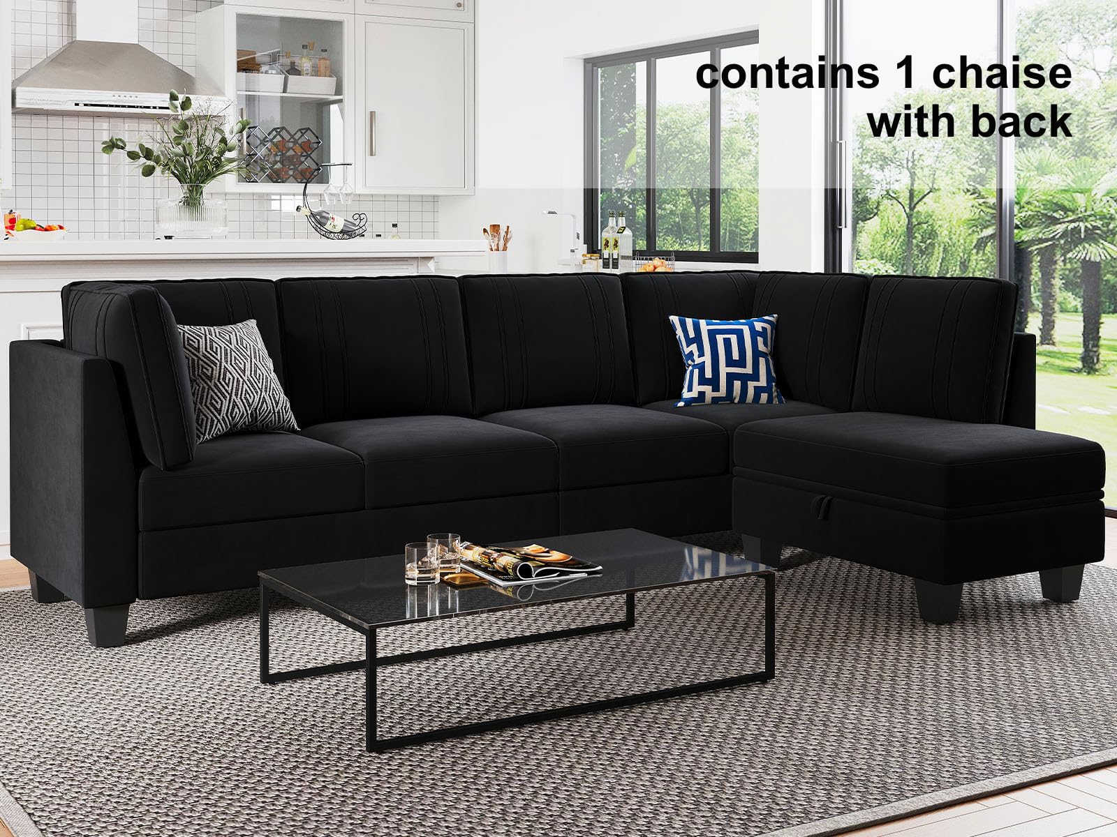 Belffin Velvet Convertible Storage Chaise Ottoman with Back Side for Velvet Sectional Sofa Black