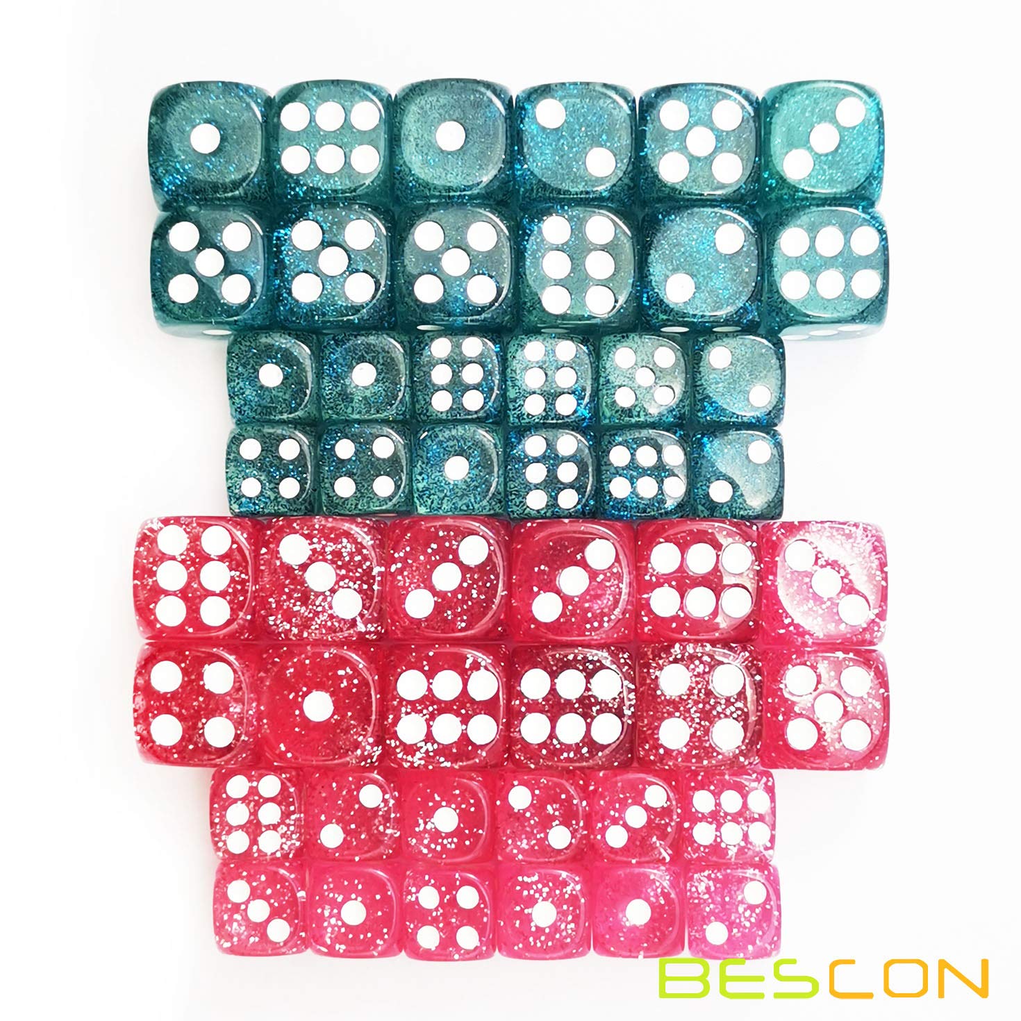 Bescon Ethereal Glitter Dice D6 16MM&12MM 48pcs Set, Game Dice Glitter Rose and Teal in 12MM&16MM Each 12pcs