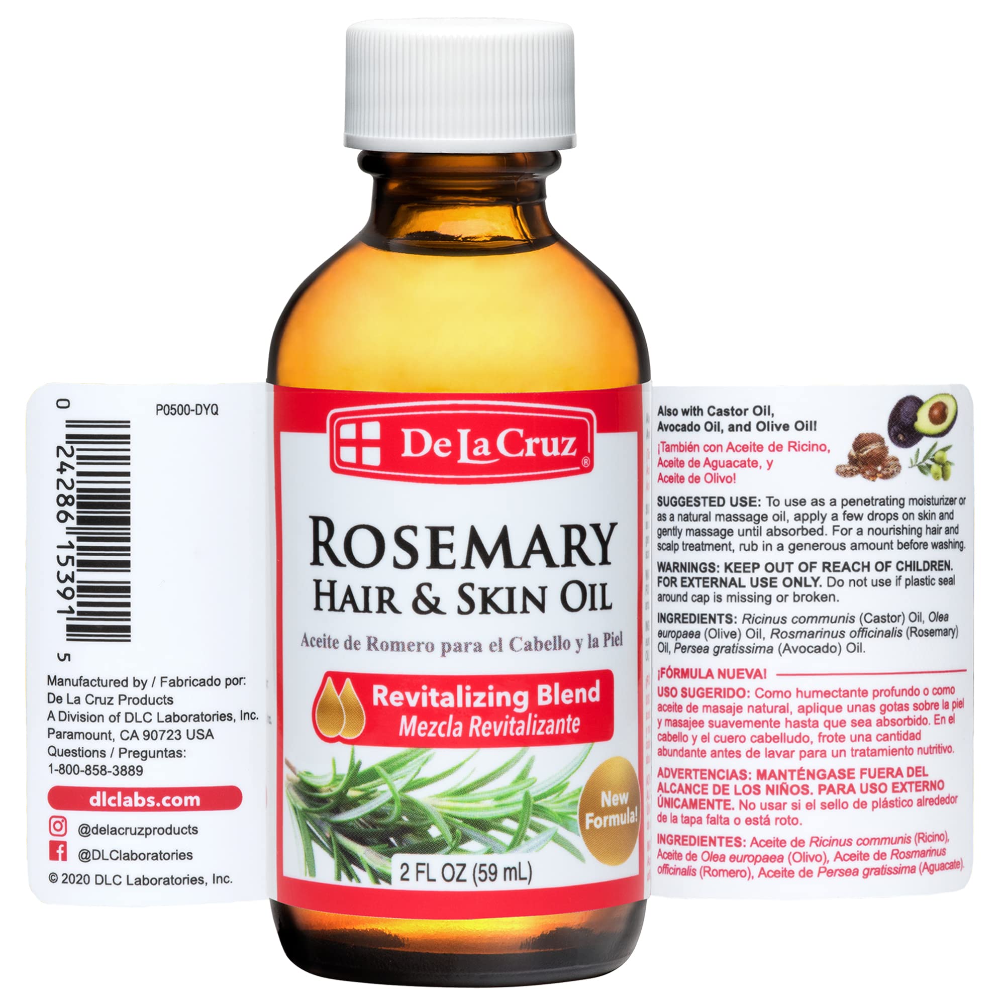 De La Cruz Rosemary Oil Blend Moisturizer with Castor, Avocado and Olive Oil - Topical Use Only 2 FL. OZ. (59 mL)