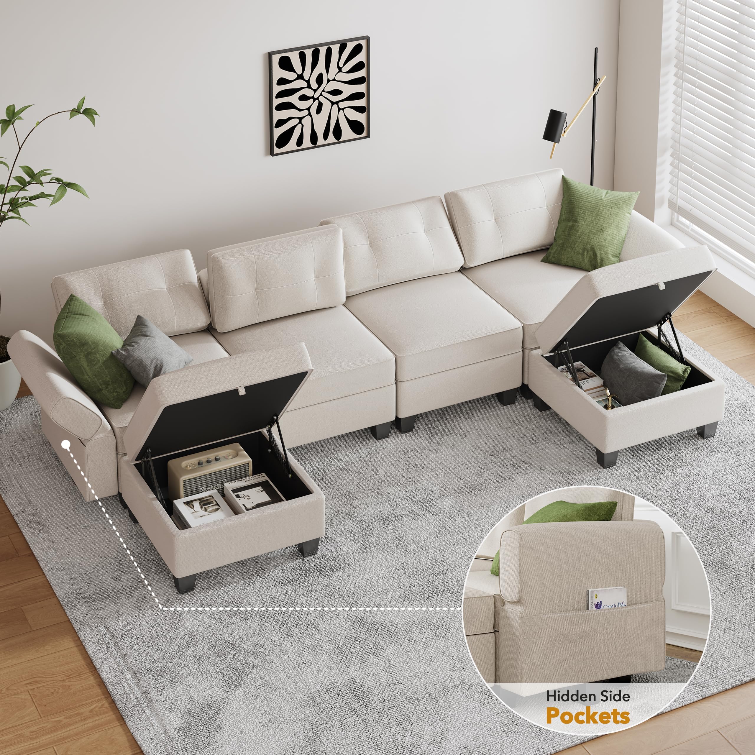 AYEASY Sofa Couch, Modular Sectional U Shaped Sofa Couch with Storage Ottoman Convertible Sectional Couches for Living Room, High Supportive 6 Seats Reversible Sectionals 113'' with Chaise, Beige
